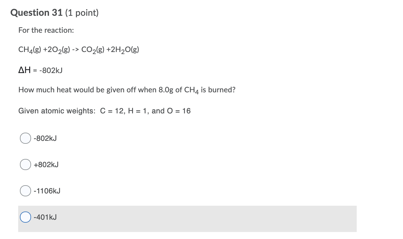 Solved Question 31 (1 point) For the reaction: CH4(g) | Chegg.com
