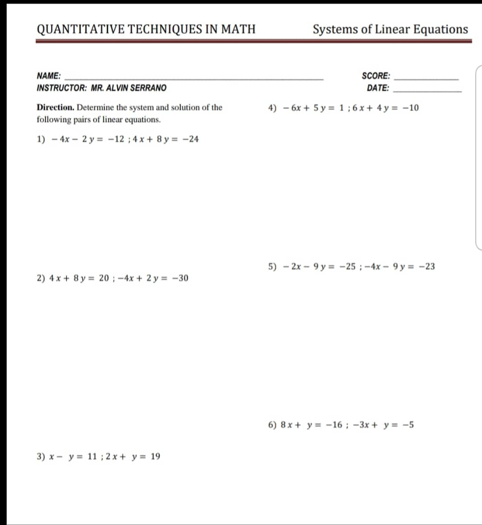 Solved QUANTITATIVE TECHNIQUES IN MATH Systems of Linear | Chegg.com