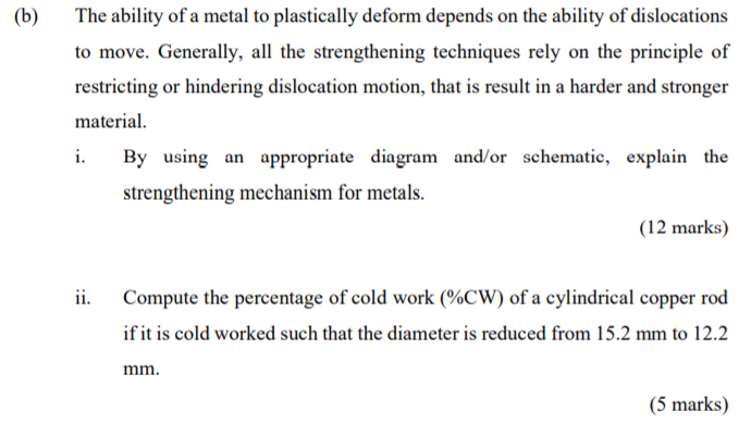 Solved (b) The ability of a metal to plastically deform | Chegg.com