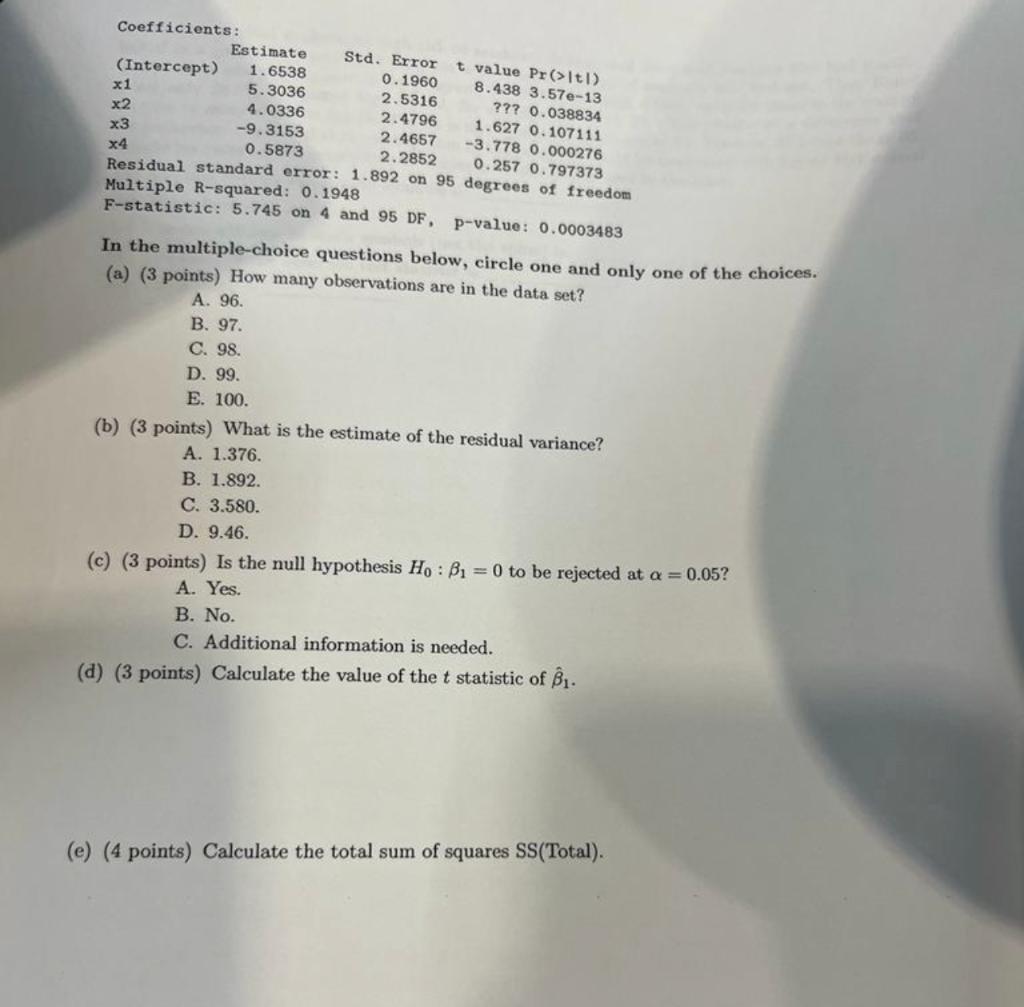 Solved 7. (16 points) A multiple regression model of the | Chegg.com