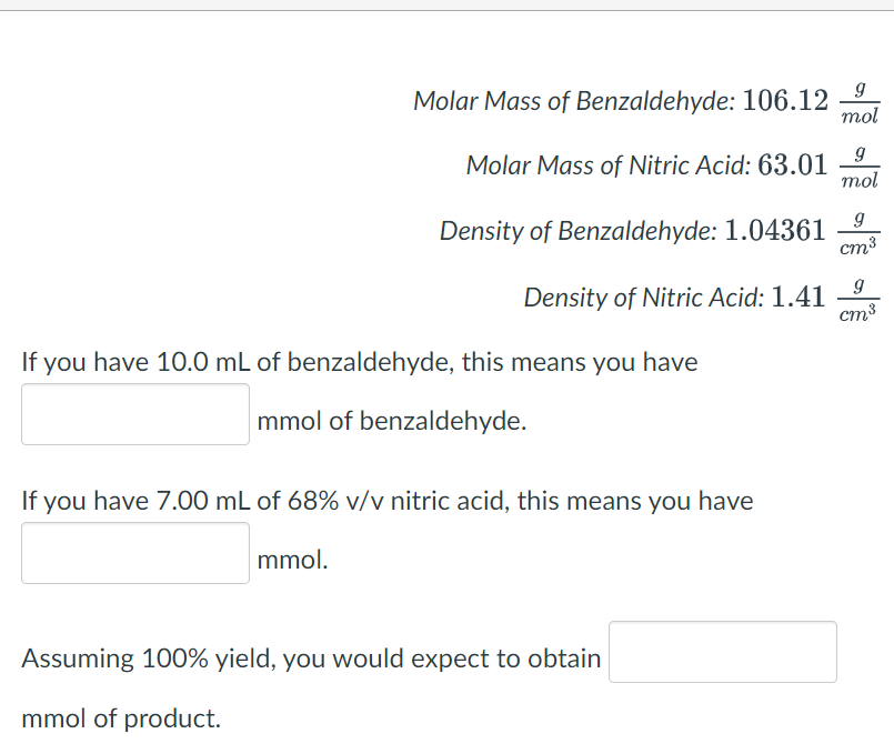Solved Molar Mass of Benzaldehyde: 106.12molg Molar Mass of | Chegg.com