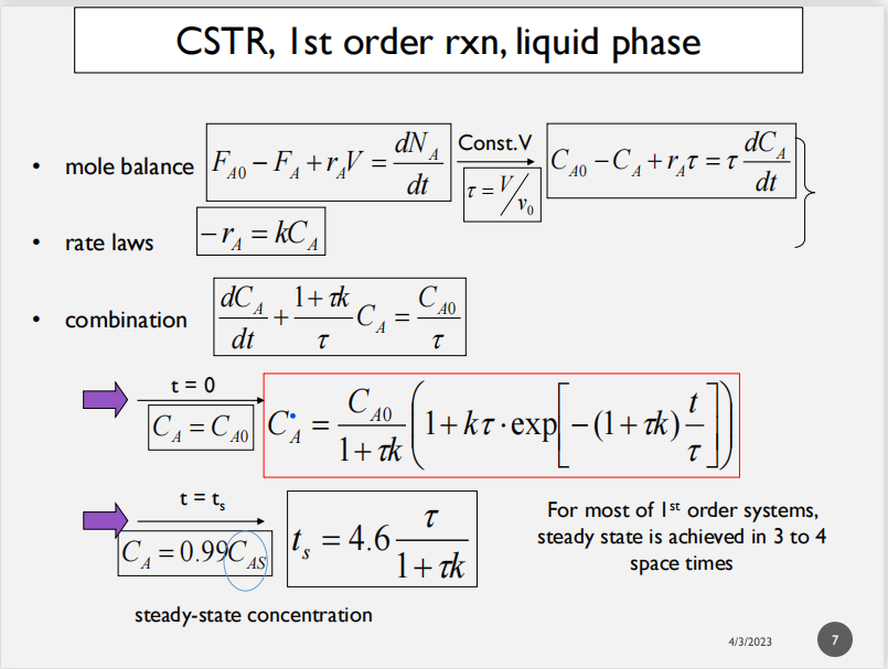 CSTR, Ist order rxn, liquid phase combination | Chegg.com