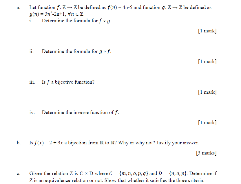 Solved a. Let function f: ZZ be defined as f(n) = 4n-5 and | Chegg.com