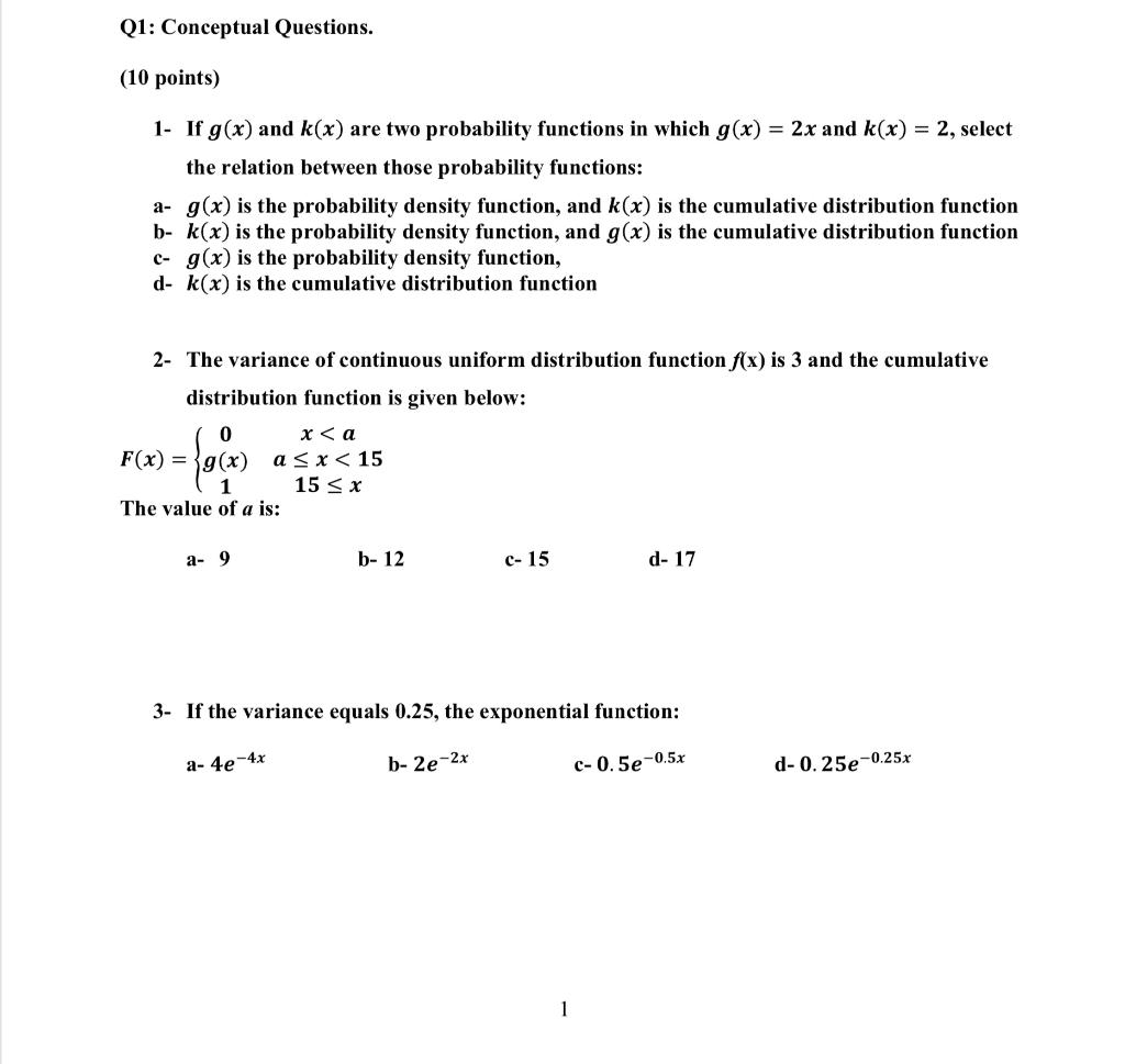 Solved (10 points) 1- If g(x) and k(x) are two probability | Chegg.com