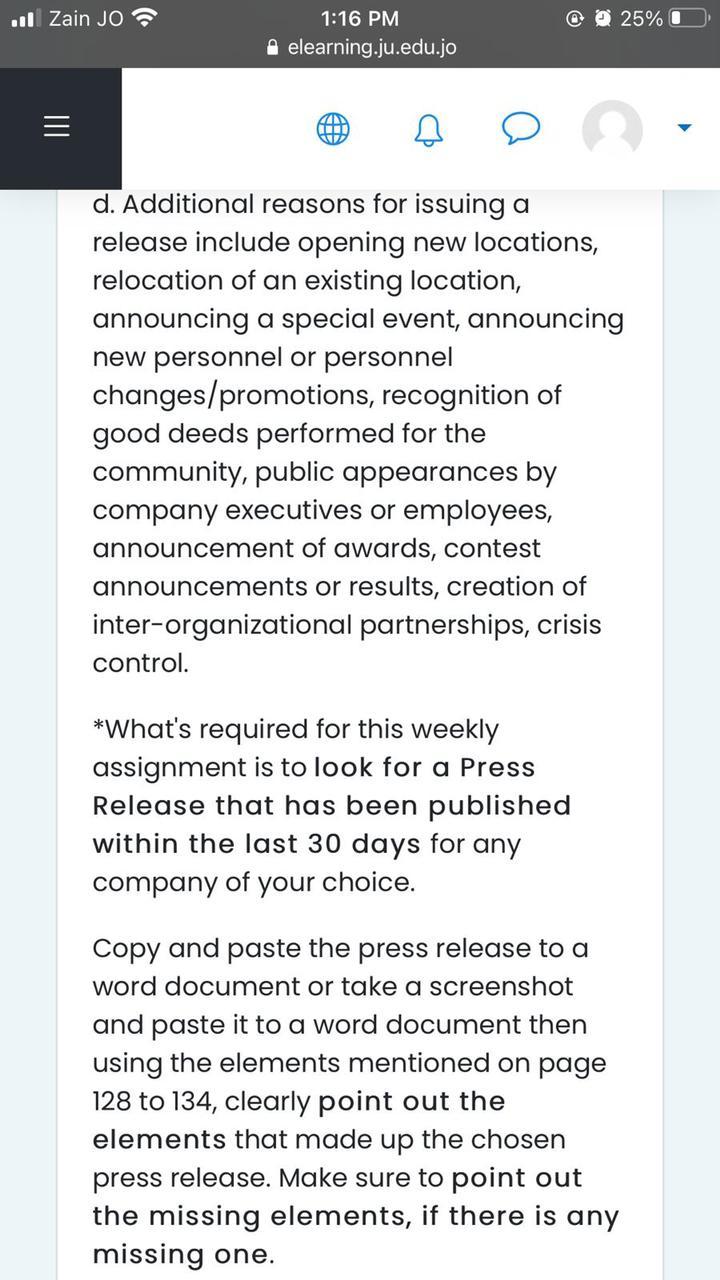 Zain JO @ @ 25% 1:16 PM elearning.ju.edu.jo W | Chegg.com