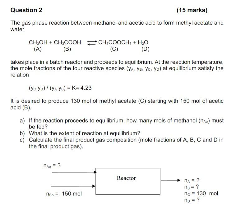 Solved The gas phase reaction between methanol and acetic | Chegg.com