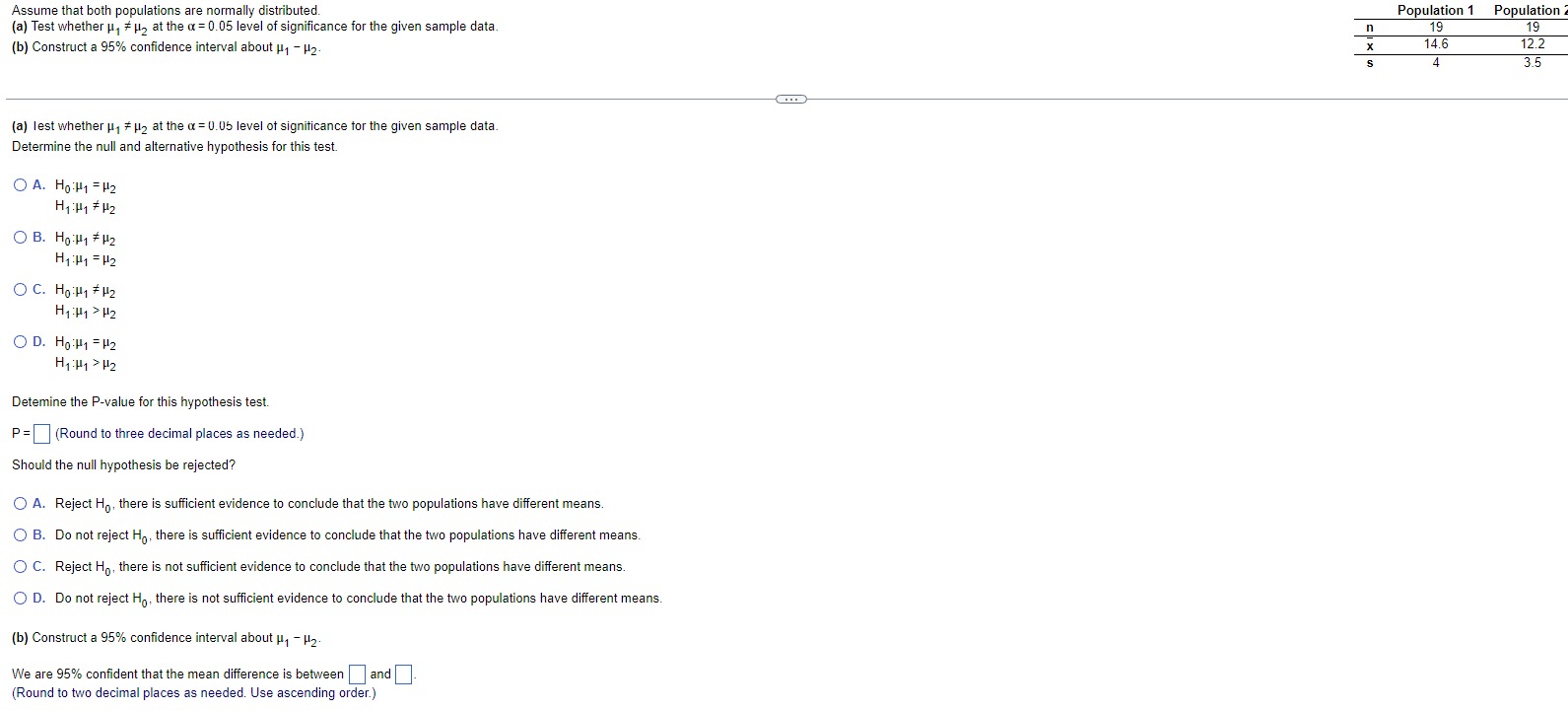 Solved (a) ﻿lest whether μ1≠μ2 ﻿at the α=0.0b ﻿level of | Chegg.com