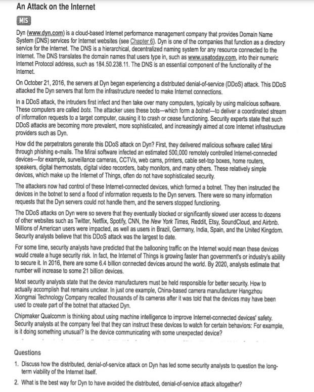 Solved An Attack on the Internet MIS Dyn (www.dyn.com) is a | Chegg.com