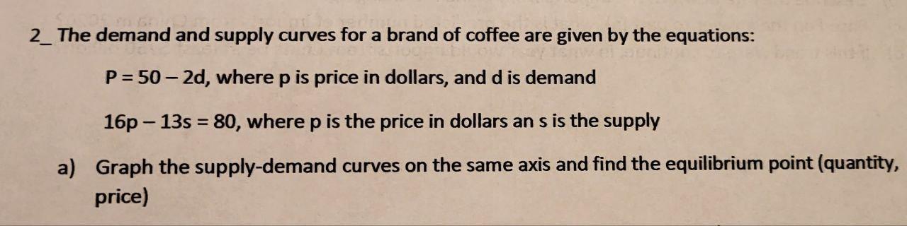 Solved 2_ The demand and supply curves for a brand of coffee | Chegg.com