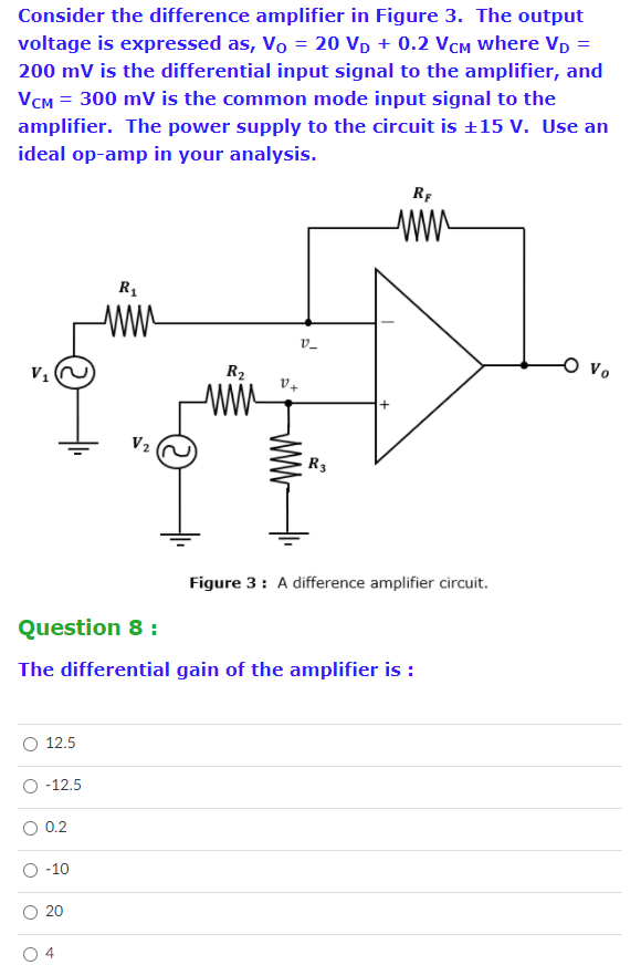 Solved Consider the difference amplifier in Figure 3. The | Chegg.com