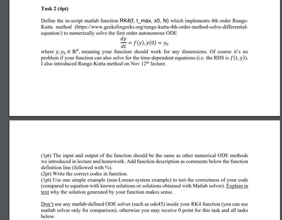 Task 2 (4pt) Define the in-script matlab function | Chegg.com