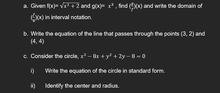 Solved a. Given f(x)=x2+2 and g(x)=x3, find (fg)(x) and | Chegg.com