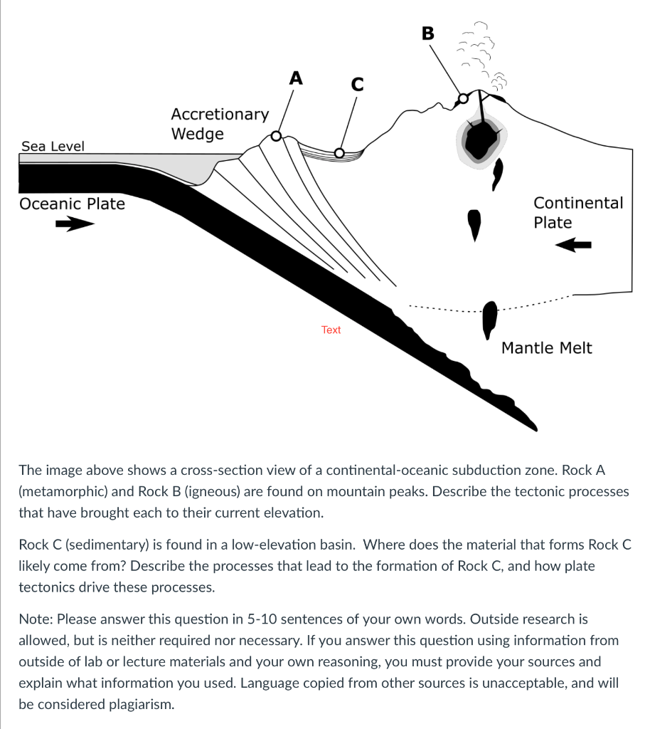 Solved B ررر A Accretionary Wedge Sea Level Oceanic Plate | Chegg.com