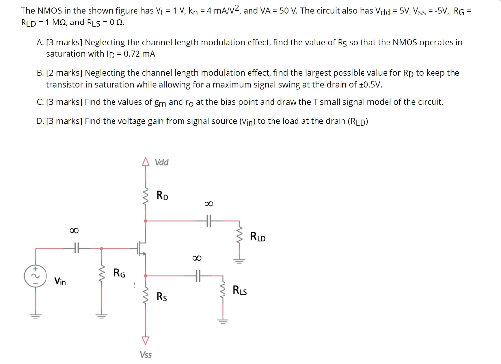Solved The NMOS in the shown figure has Vt = 1 V, kn = 4 | Chegg.com