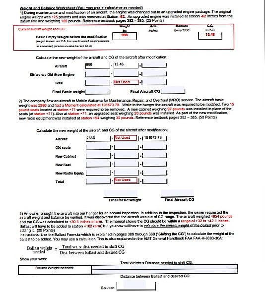 Weight and Balance Worksheet (You may use a calcuttor | Chegg.com