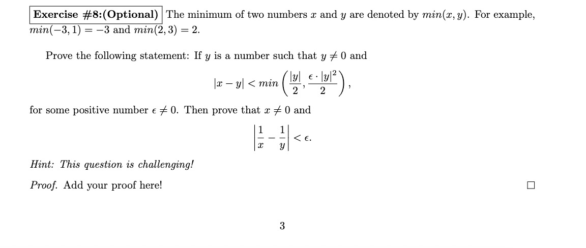 Solved Exercise \#8:(Optional) The minimum of two numbers x | Chegg.com
