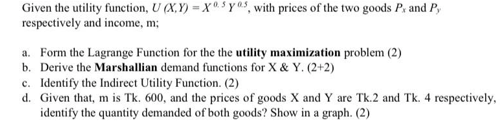 Solved Given the utility function, U(X,Y)=X0.5Y0.5, with | Chegg.com