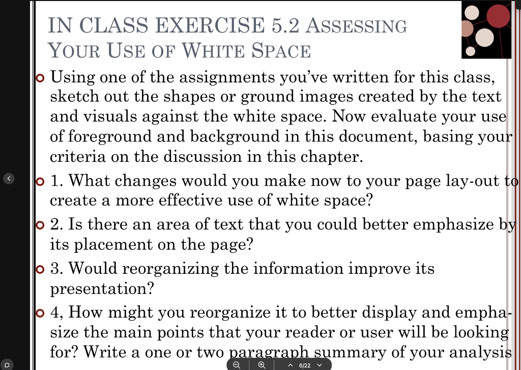 Solved IN CLASS EXERCISE 5.2 ASSESSING YOUR USE OF WHITE | Chegg.com