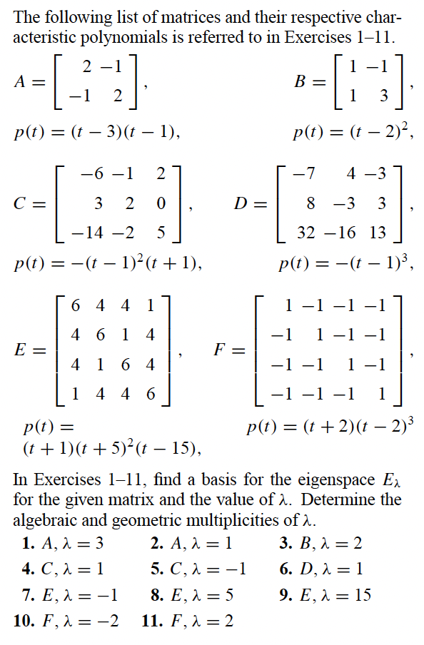Solved The following list of matrices and their respective | Chegg.com