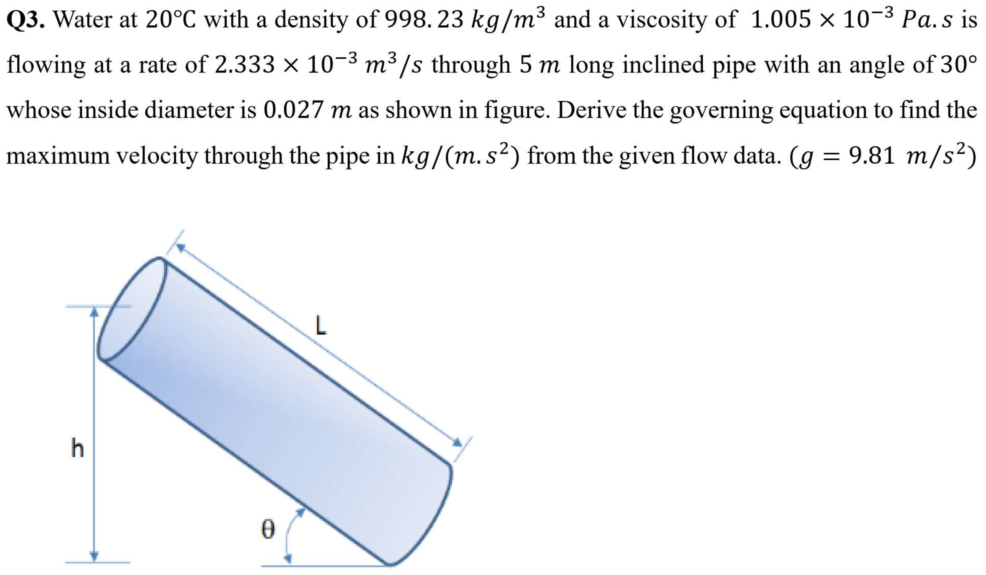 Solved Q3. Water at 20∘C with a density of 998.23 kg/m3 and | Chegg.com