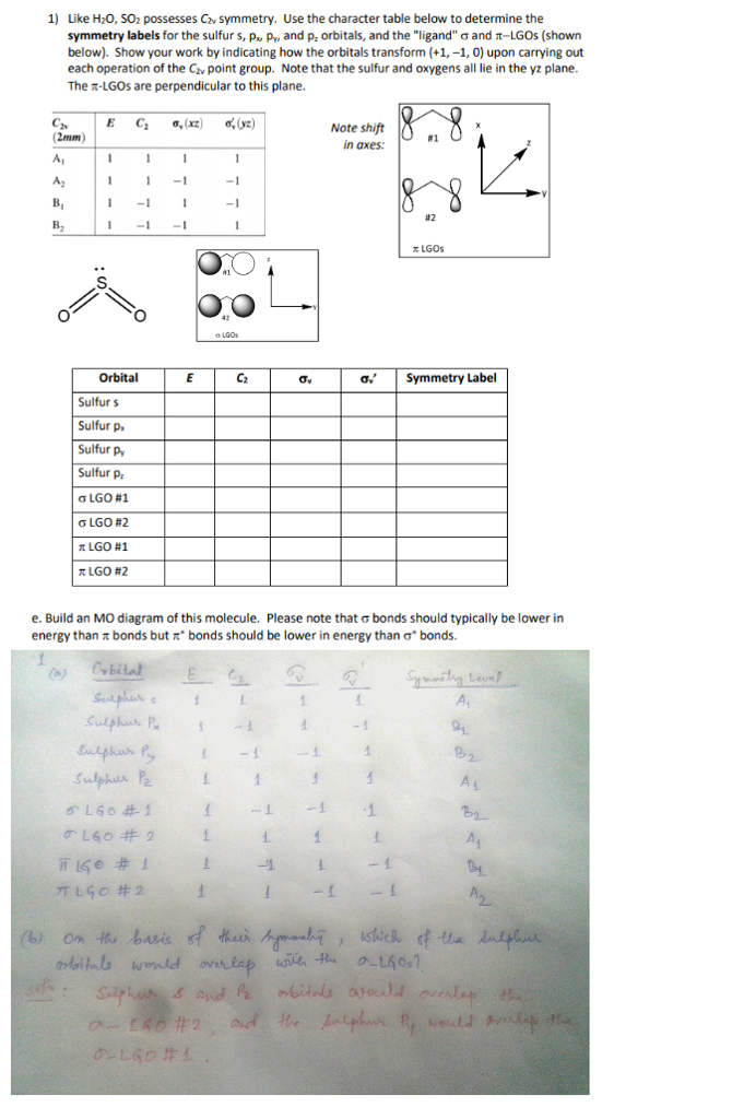 Solved 1) Like H20, SO2 possesses C2v symmetry. Use the | Chegg.com