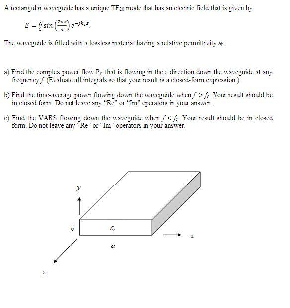 A rectangular waveguide has a unique TE20 mode that | Chegg.com
