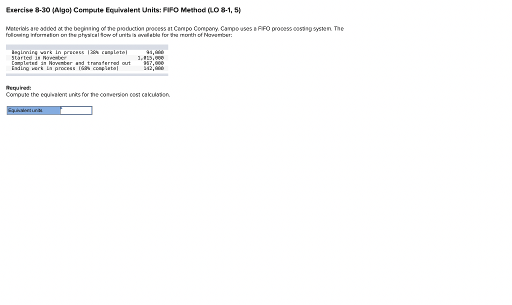 Solved Exercise 8-30 (Algo) Compute Equivalent Units: FIFO | Chegg.com