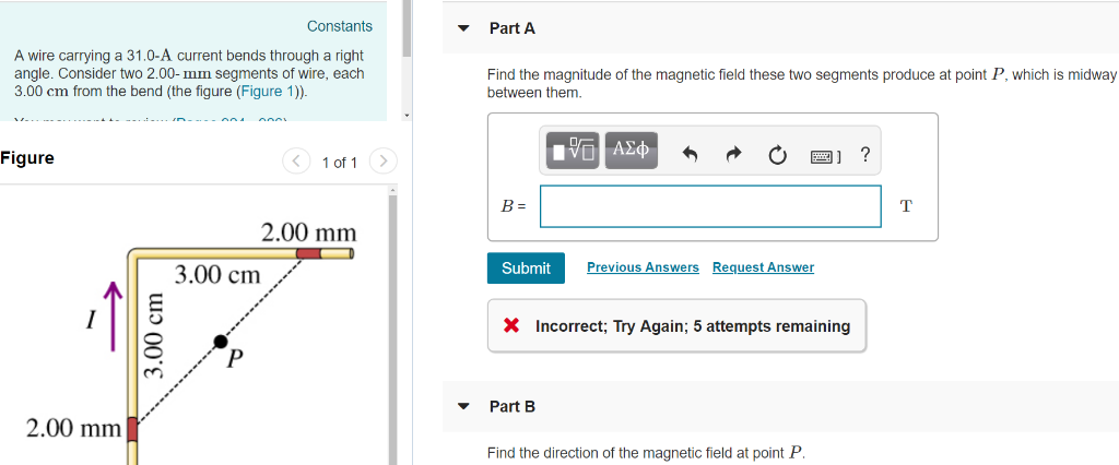 Solved Constants Part A A wire carrying a 31.0-A current | Chegg.com Solved Constants Part A A wire carrying a 31.0-A current | Chegg.com