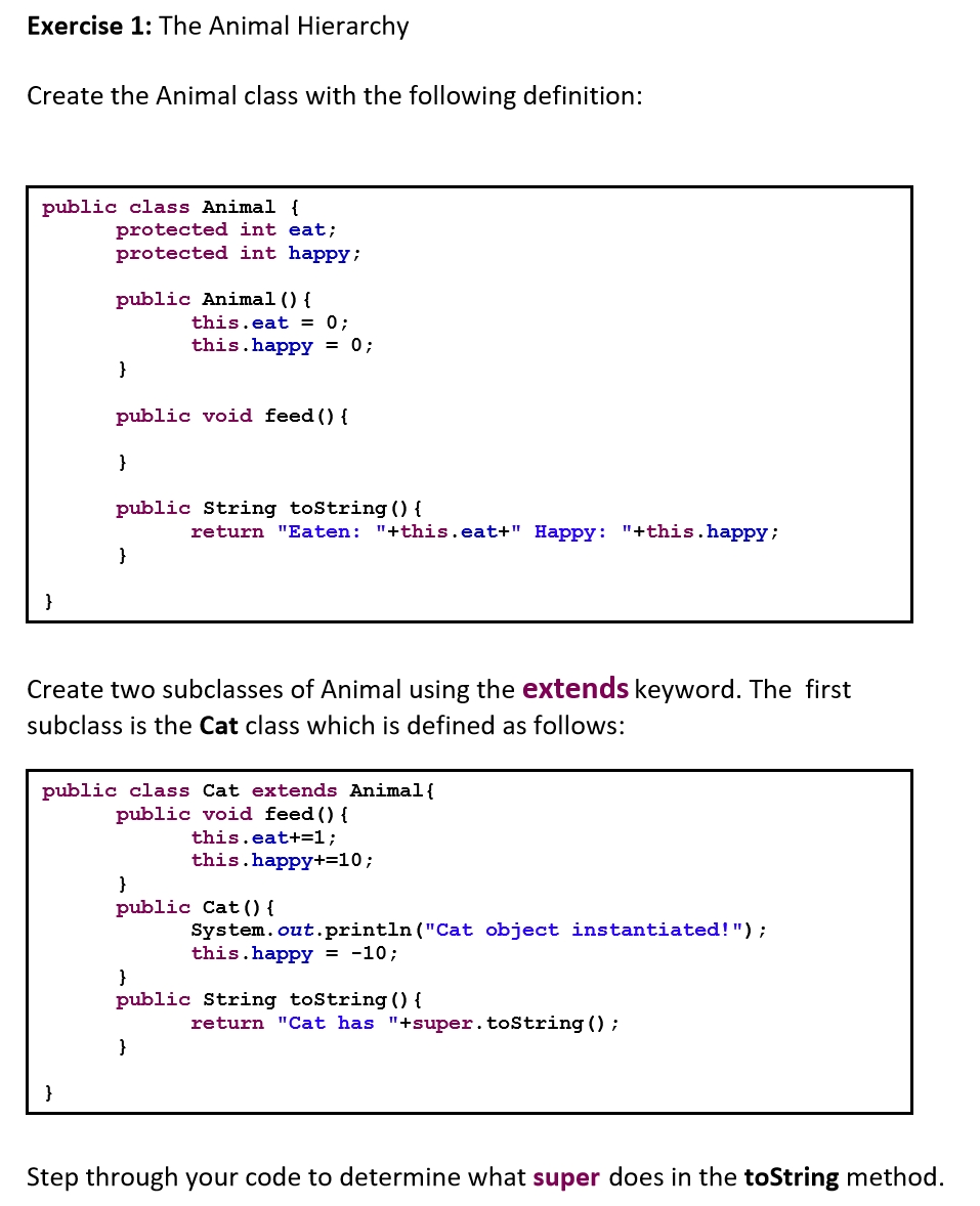 Solved Exercise 1: The Animal Hierarchy Create the Animal | Chegg.com
