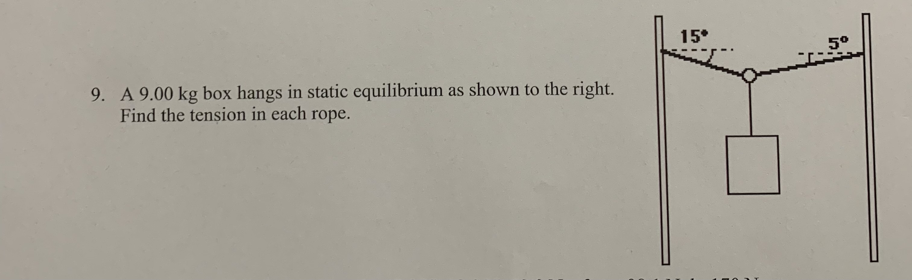 Solved 9. A 9.00 kg box hangs in static equilibrium as shown | Chegg.com