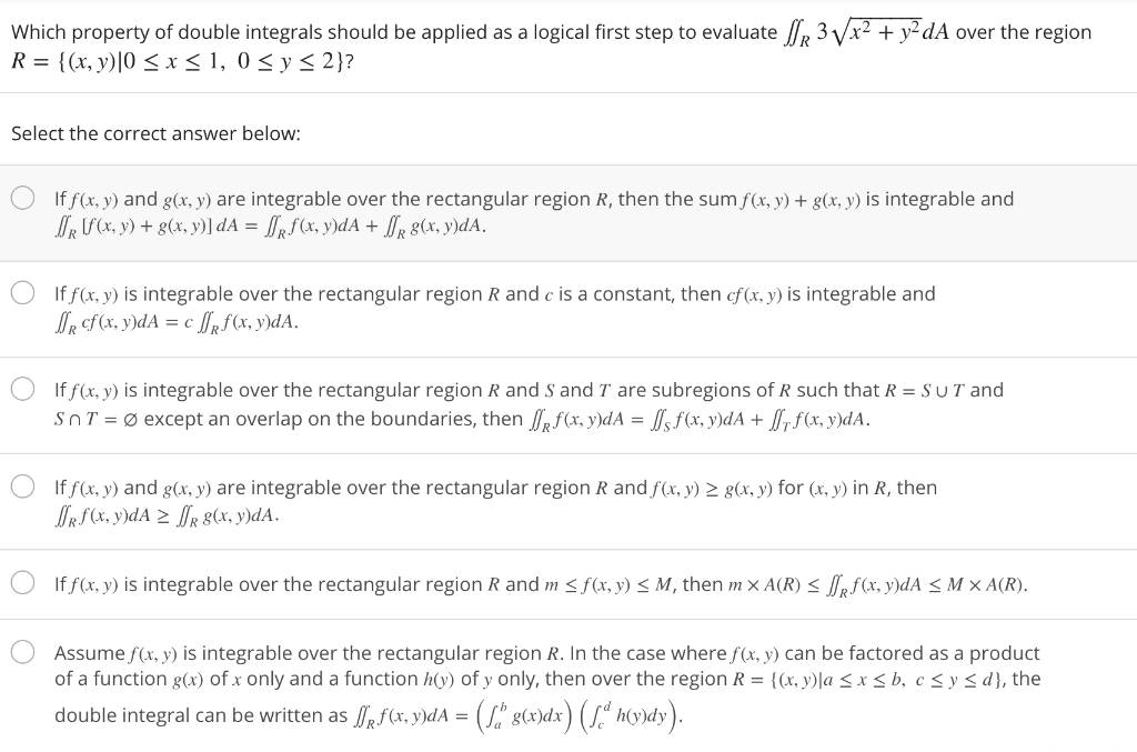 Solved Which property of double integrals should be applied | Chegg.com