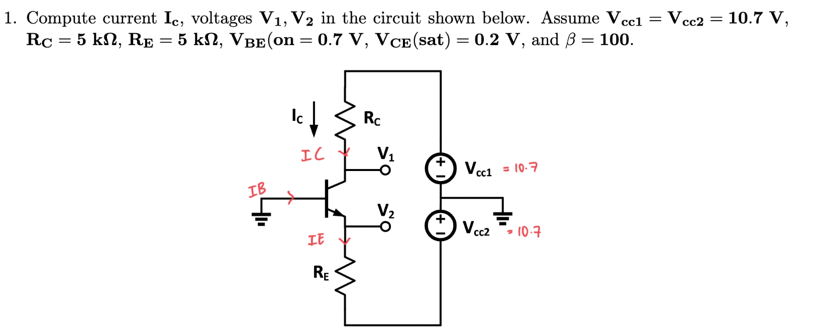 Solved 1. Compute current Ic, voltages V1,V2 in the circuit | Chegg.com