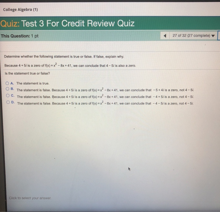 Solved College Algebra (1) Quiz: Test 3 For Credit Review | Chegg.com
