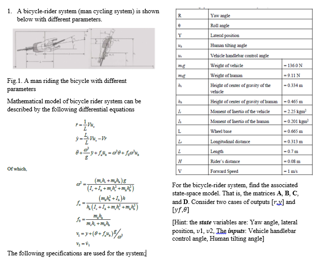 Solved 1. A bicycle-rider system (man cycling system) is | Chegg.com