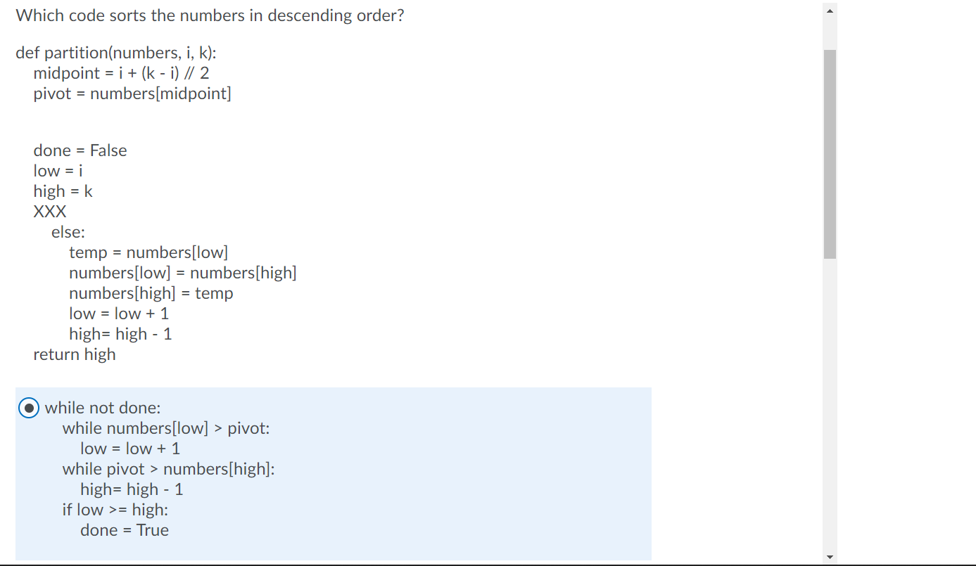 Solved Which code sorts the numbers in descending order? def | Chegg.com