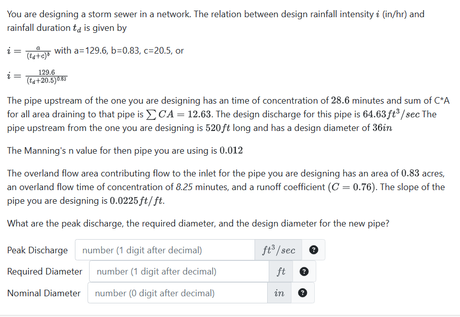 Solved You are designing a storm sewer in a network. The | Chegg.com