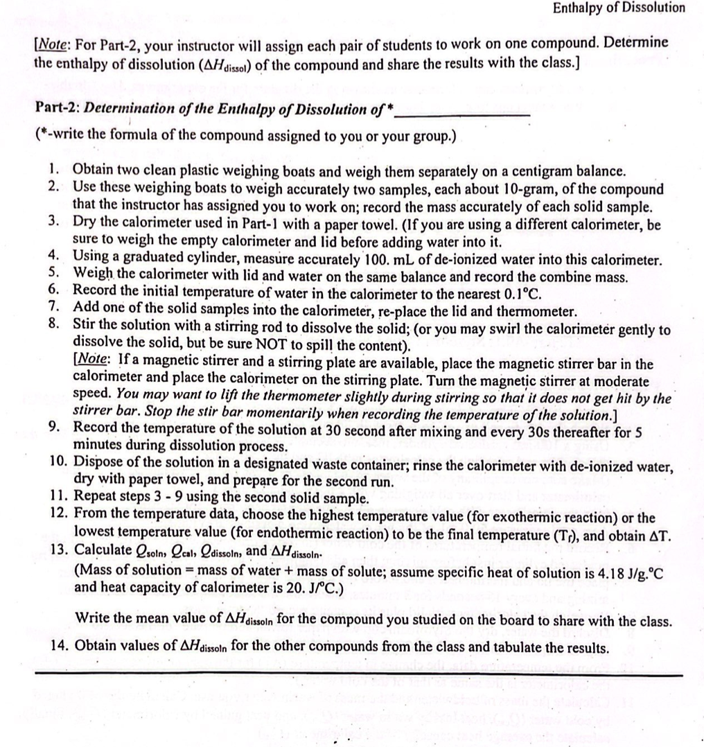 Solved Experiment-A9: Heat Capacity and Enthalpy of | Chegg.com