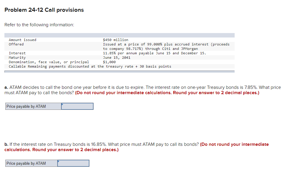 Solved Problem 24-12 Call provisions Refer to the following | Chegg.com