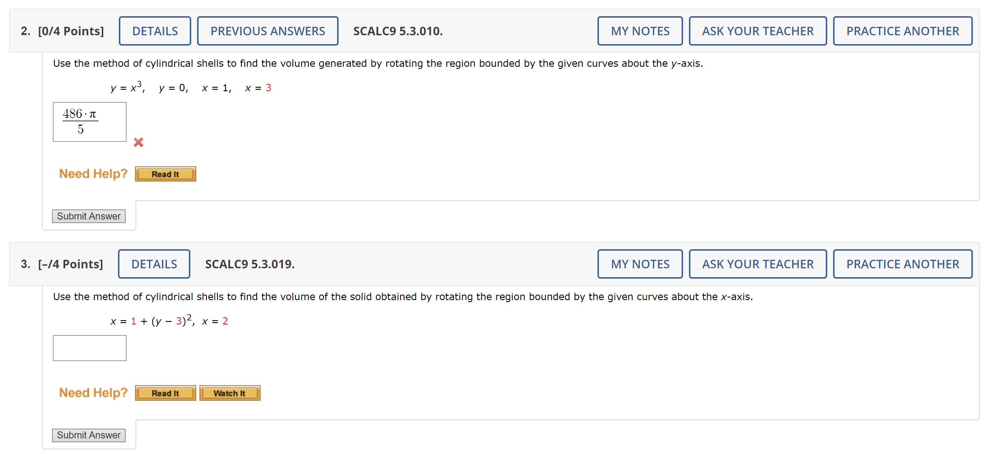 Solved SCALC9 5.3.010. Use the method of cylindrical shells | Chegg.com