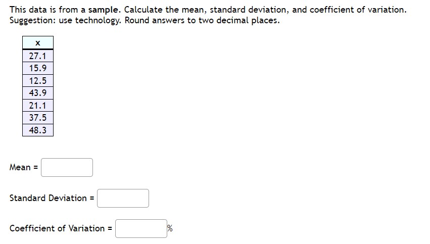 Solved This data is from a sample. Calculate the mean, | Chegg.com