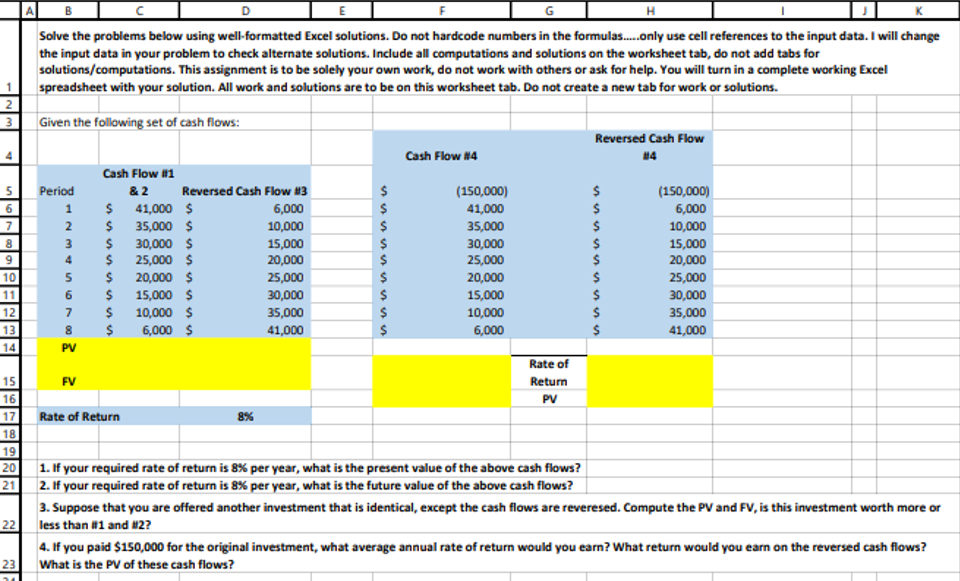 Solved H Solve The Problems Below Using Well Formatted Excel 