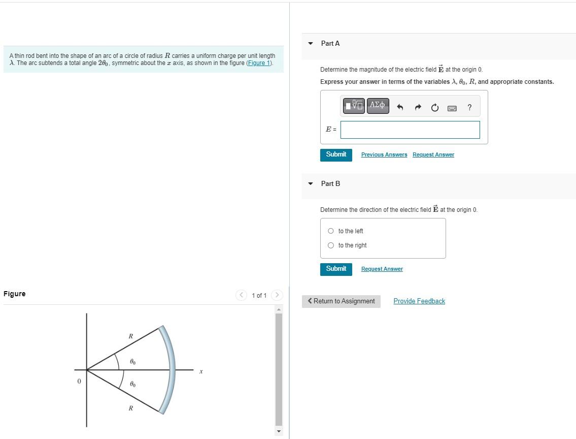 Solved A thin rod bent into the shape of an arc of a circle | Chegg.com
