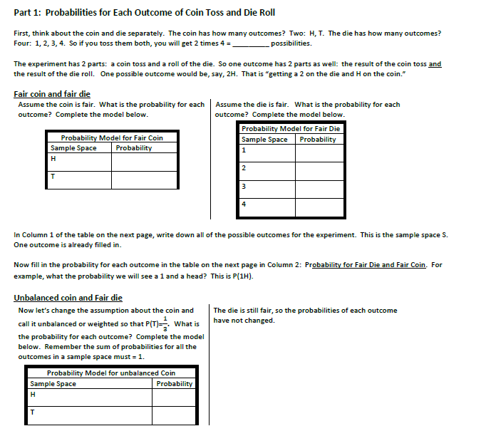 Solved Part 1: Probabilities for Each Outcome of Coin Toss | Chegg.com