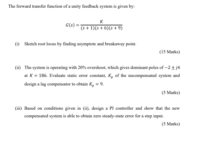 Solved The forward transfer function of a unity feedback | Chegg.com