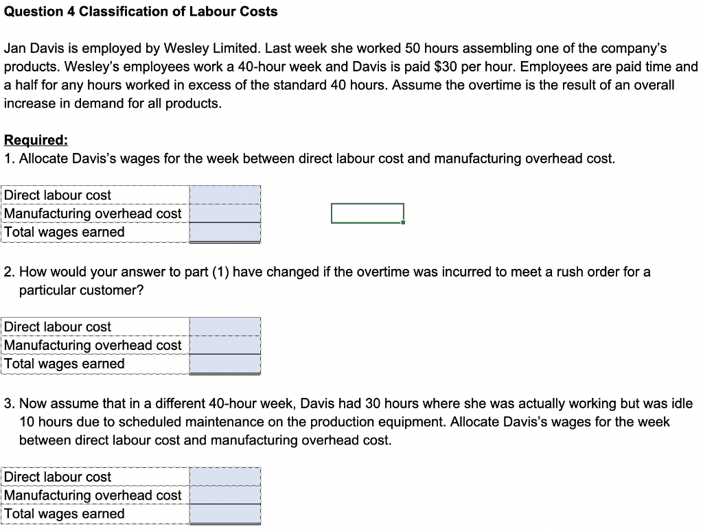Solved Question 4 Classification of Labour Costs Jan Davis | Chegg.com