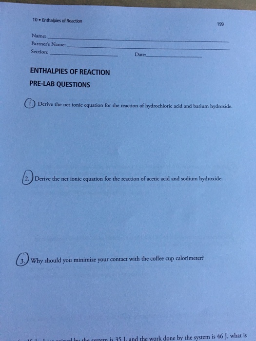 Solved 10. Enthalpies of Reaction Name: Partner's Name: | Chegg.com
