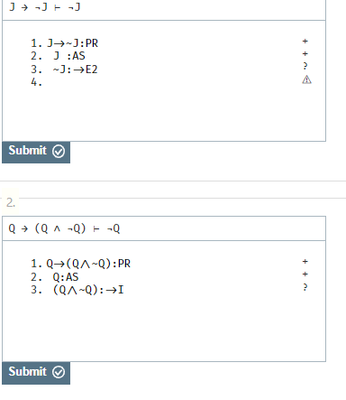 Solved J→−J⊢−J 1. J→∼]:PR 2. J :AS 3. ∼]:→E2 4. 2. | Chegg.com
