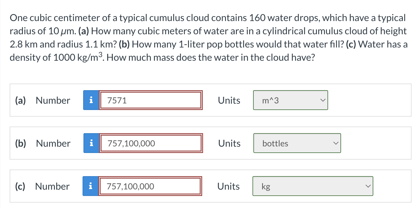 Solved One cubic centimeter of a typical cumulus cloud | Chegg.com