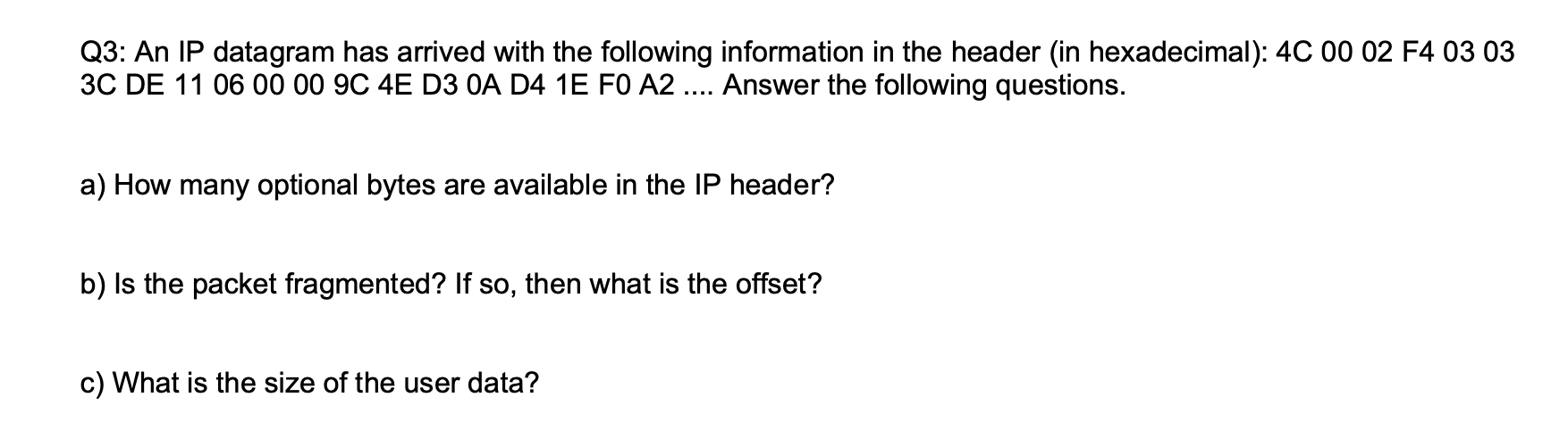 Solved Q3: An IP datagram has arrived with the following | Chegg.com