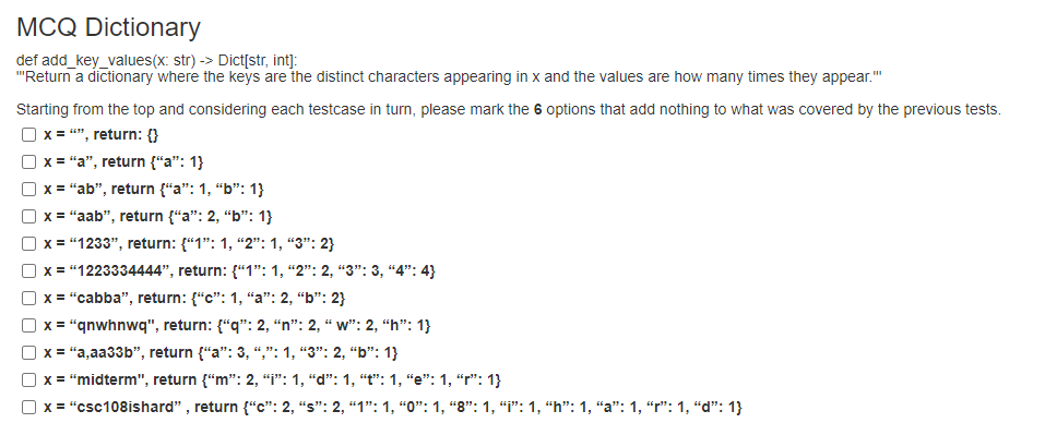 Solved MCQ Dictionary def add_key_values(x: str) -> | Chegg.com